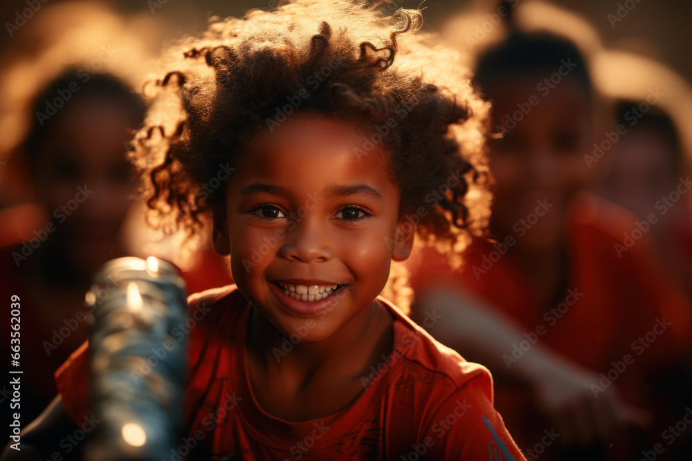 Boys and girls participating in a vibrant relay race, passing the baton ...
