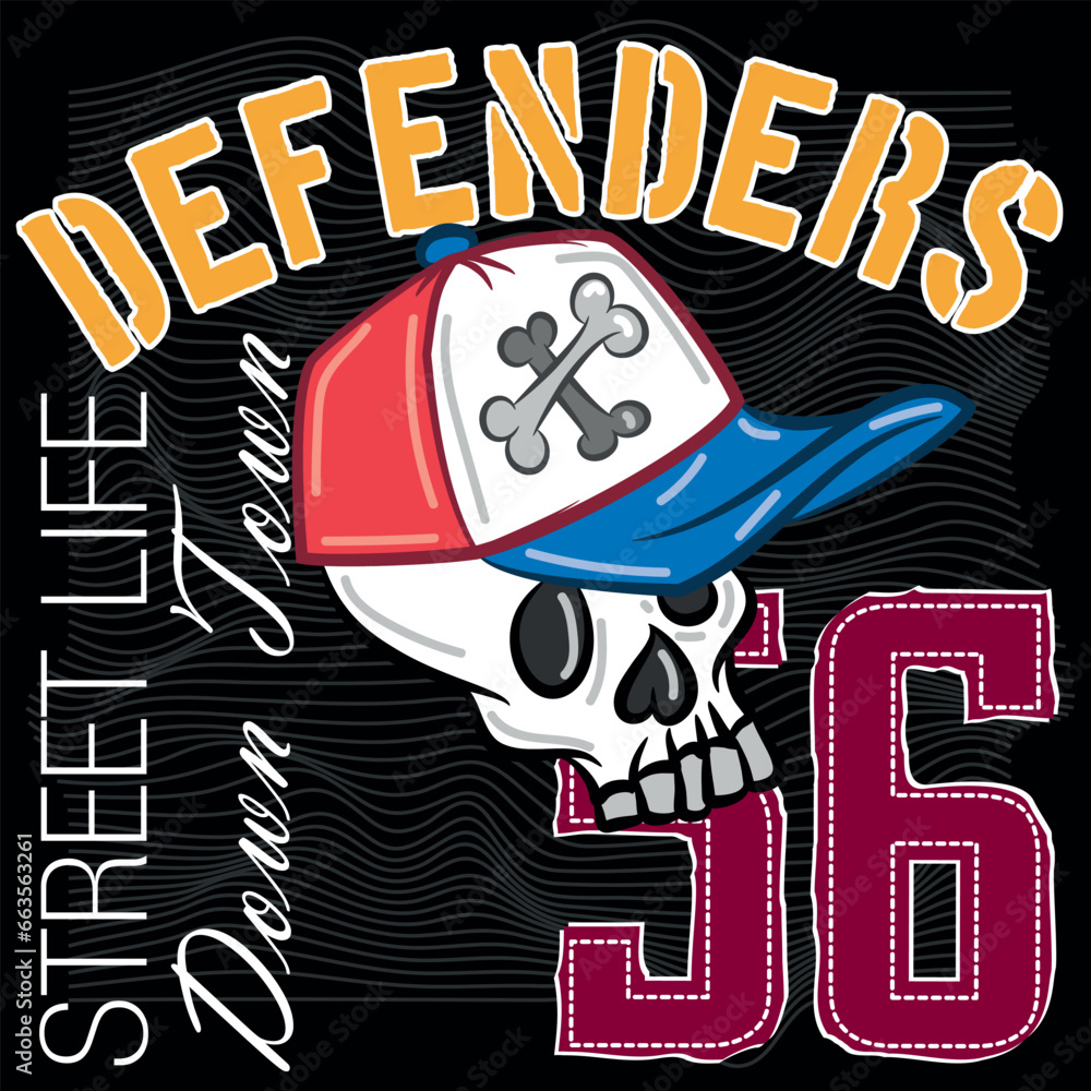 skull with cap and colors in blue and red with bones and text in ...