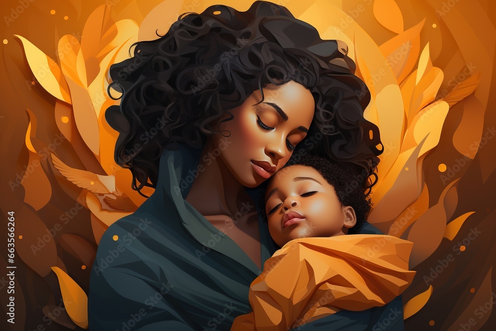 Beautiful African American mother and daughter in autumn forest, Vector ...