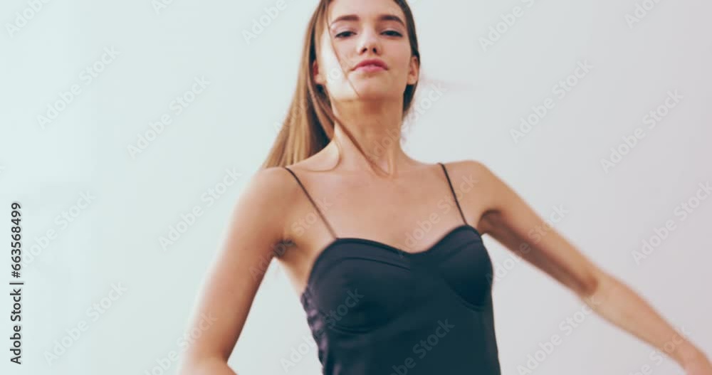 Face, dance and woman with ballet, spin and performance with talent on ...