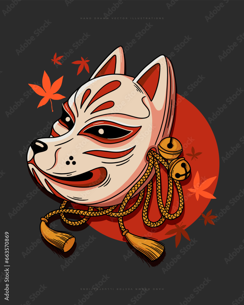 Kitsune mask with red patterns and bells. Traditional Japanese mask of ...