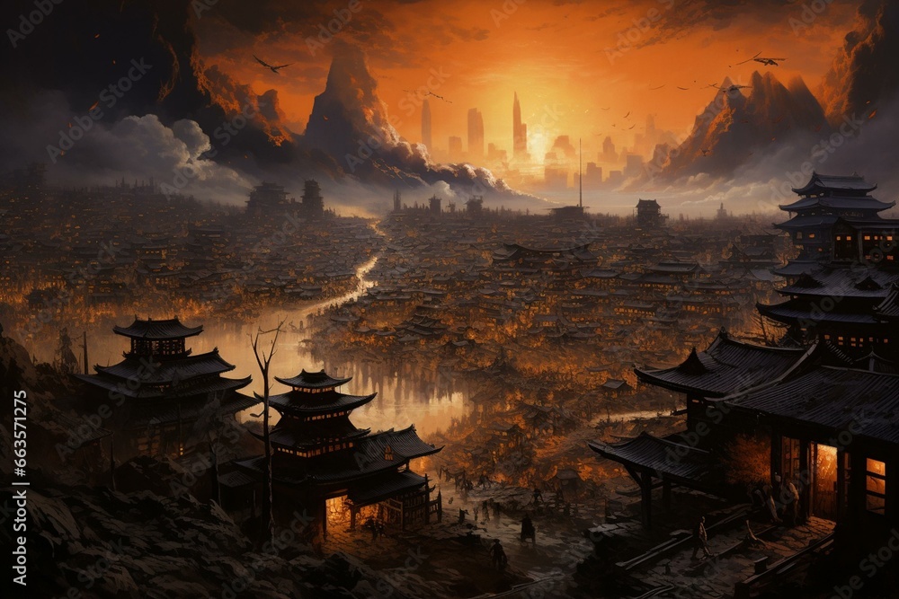 Illustration of a village in Ukiyo-e style nestled in a post ...