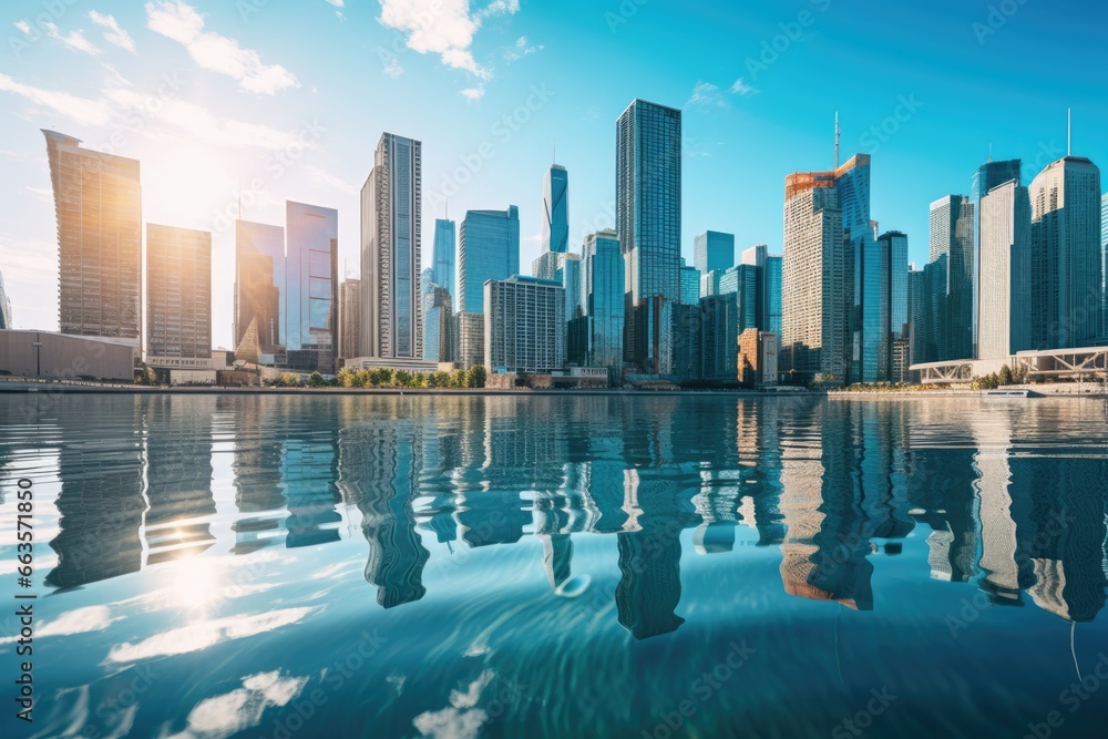 An impressive urban skyline, featuring a cluster of modern high-rise ...