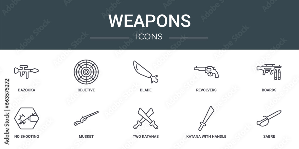 set of 10 outline web weapons icons such as bazooka, objetive, blade ...