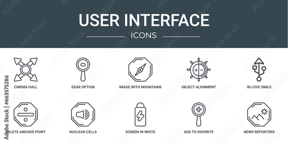 set of 10 outline web user interface icons such as cinema hall, gear option, image with ...