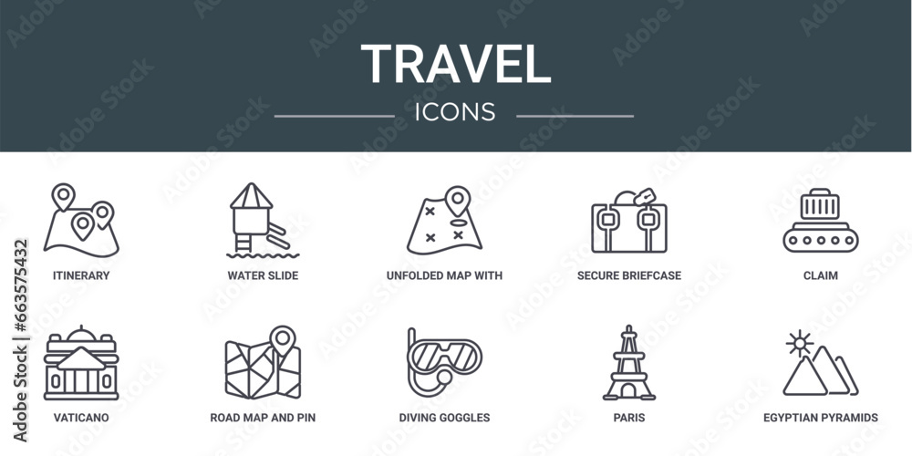 set of 10 outline web travel icons such as itinerary, water slide ...