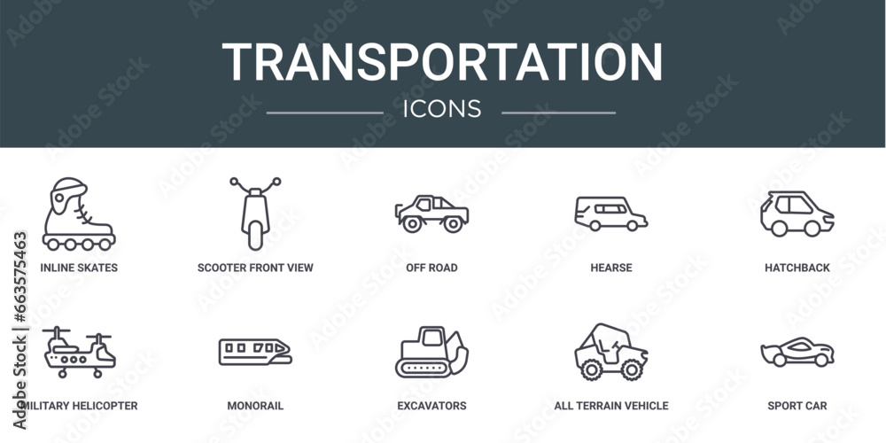 set of 10 outline web transportation icons such as inline skates ...