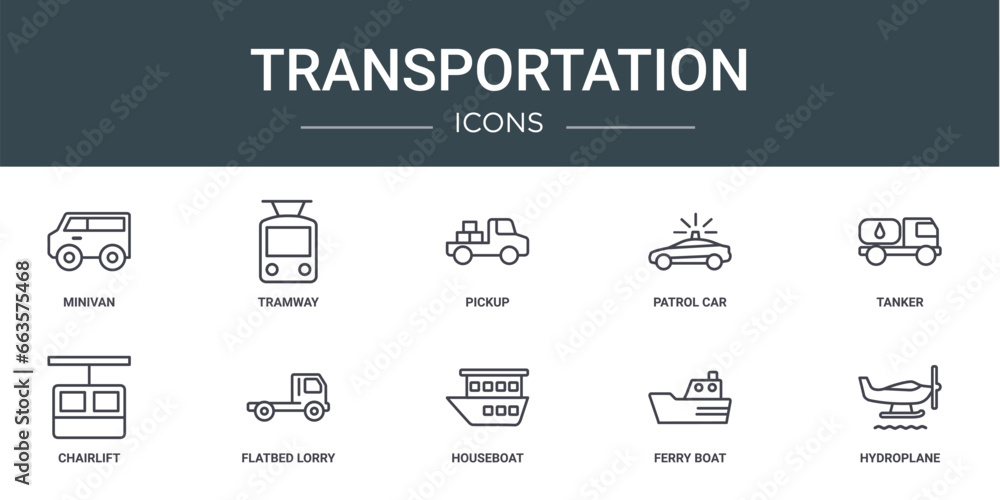set of 10 outline web transportation icons such as minivan, tramway ...