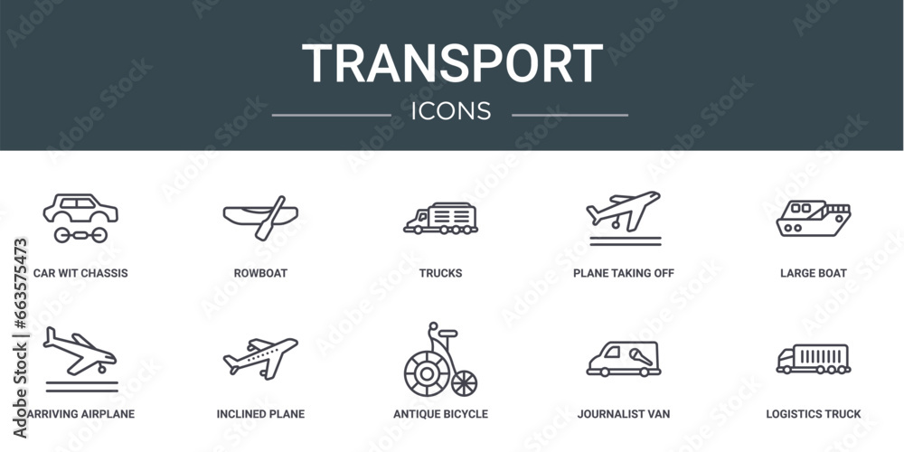 set of 10 outline web transport icons such as car wit chassis, rowboat ...
