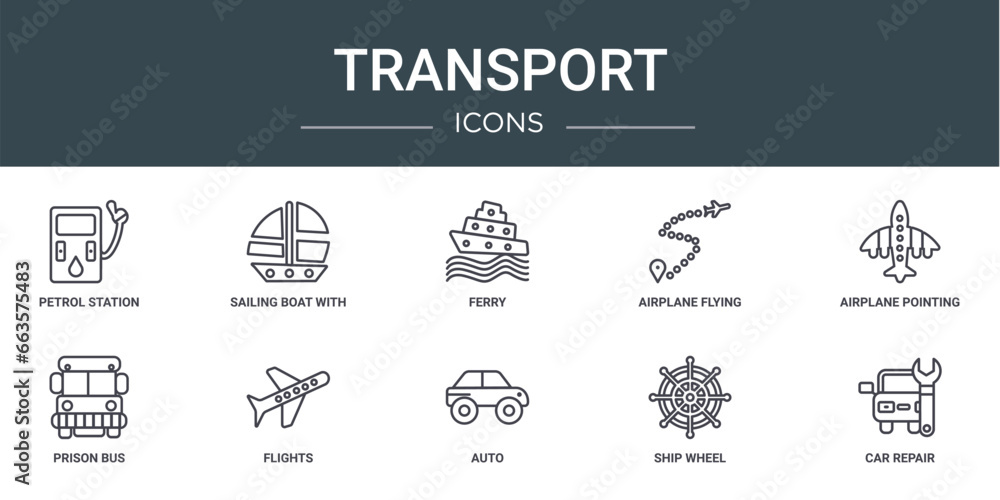 set of 10 outline web transport icons such as petrol station, sailing ...