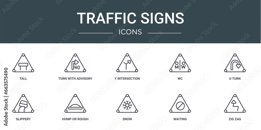 set of 10 outline web traffic signs icons such as tall, turn with ...