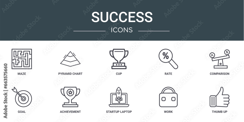 set of 10 outline web success icons such as maze, pyramid chart, cup ...