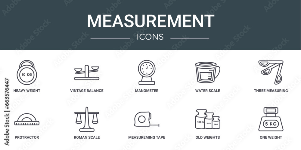 set of 10 outline web measurement icons such as heavy weight, vintage ...