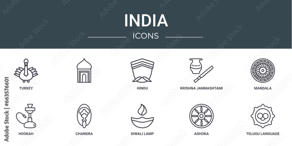 set of 10 outline web india icons such as turkey, , hindu, krishna ...