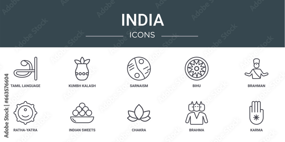 set of 10 outline web india icons such as tamil language, kumbh kalash ...