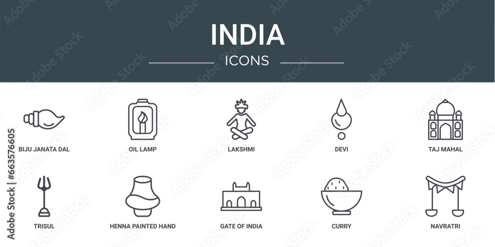set of 10 outline web india icons such as biju janata dal, oil lamp ...