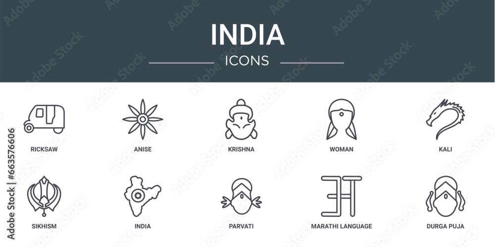 set of 10 outline web india icons such as ricksaw, anise, krishna ...