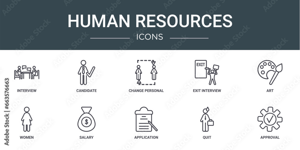 set of 10 outline web human resources icons such as interview ...