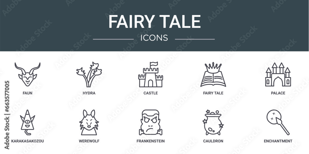 set of 10 outline web fairy tale icons such as faun, hydra, castle ...