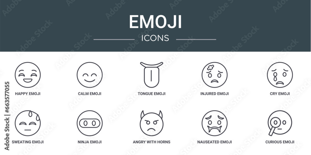 set of 10 outline web emoji icons such as happy emoji, calm emoji ...