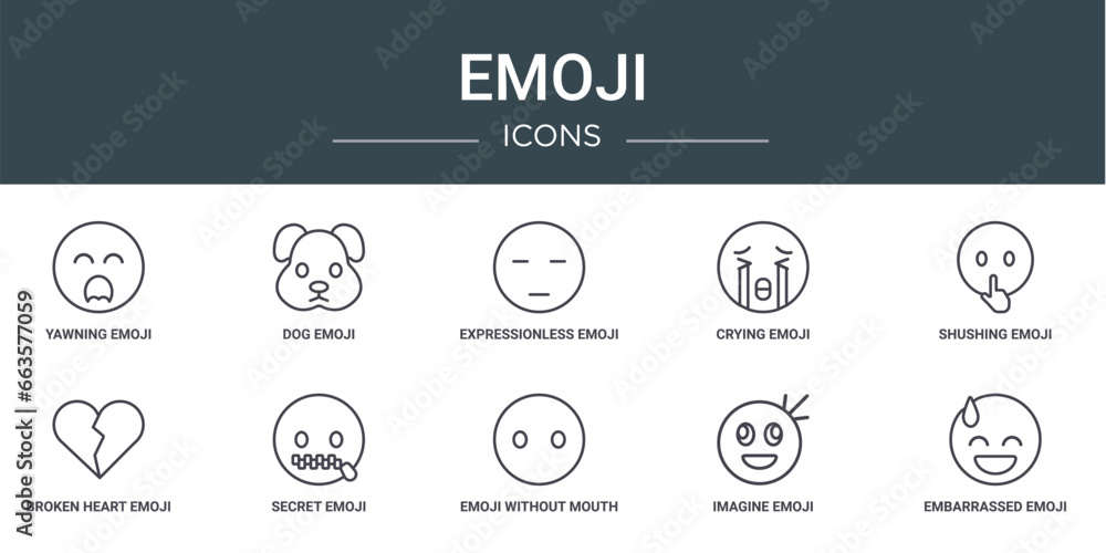 set of 10 outline web emoji icons such as yawning emoji, dog emoji, expressionless crying ...