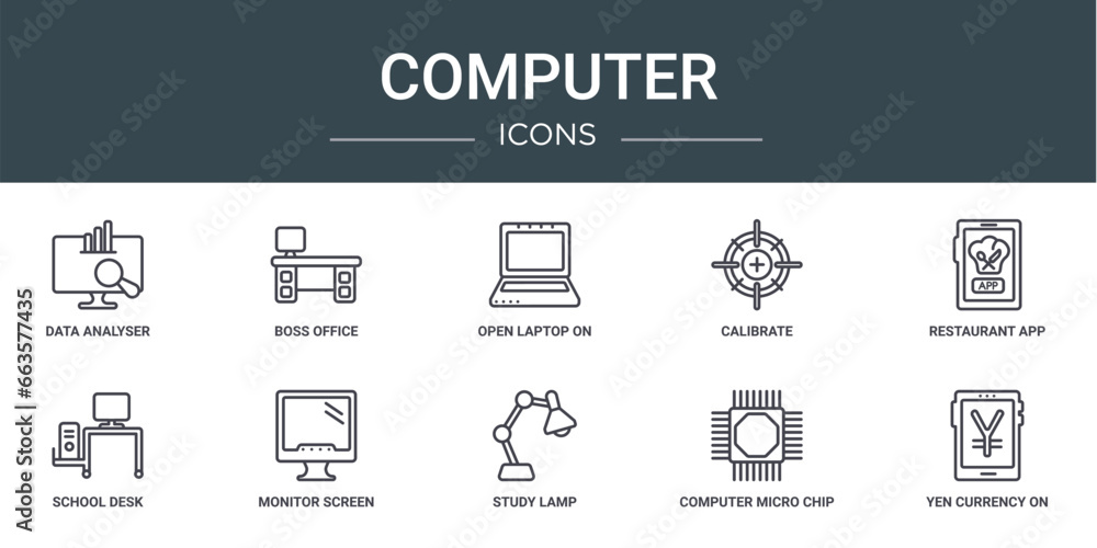 set of 10 outline web computer icons such as data analyser, boss office ...