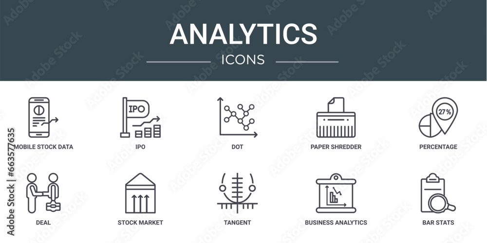 set of 10 outline web analytics icons such as mobile stock data, ipo ...