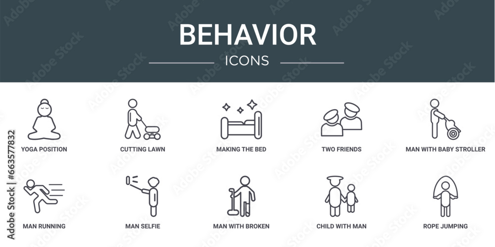 set of 10 outline web behavior icons such as yoga position, cutting ...