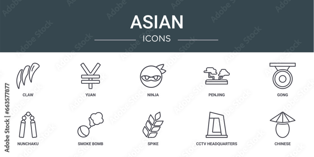 set of 10 outline web asian icons such as claw, yuan, ninja, penjing ...