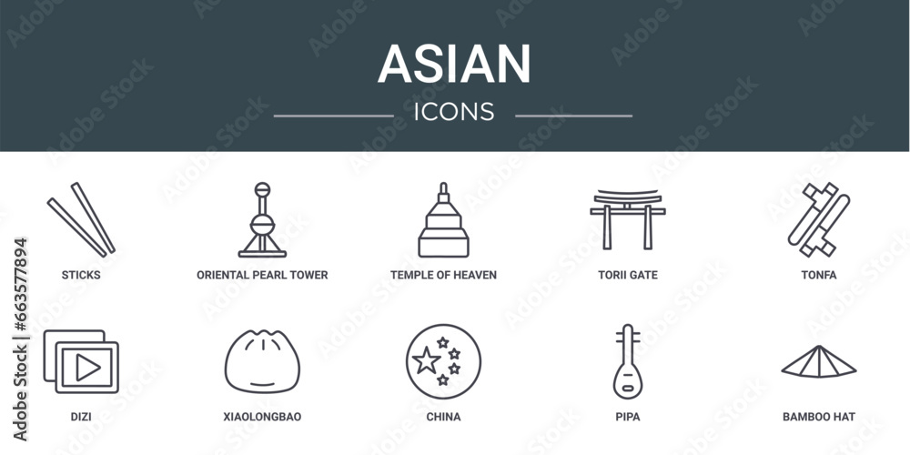 set of 10 outline web asian icons such as sticks, oriental pearl tower ...