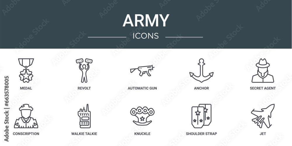 set of 10 outline web army icons such as medal, revolt, automatic gun ...
