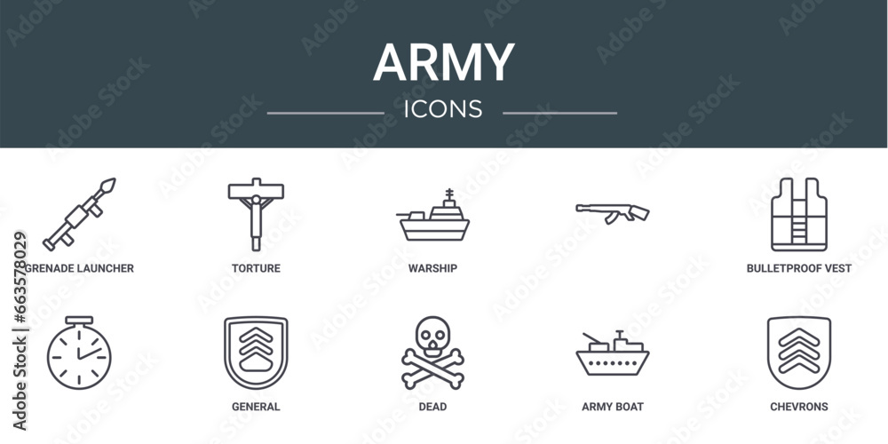 set of 10 outline web army icons such as grenade launcher, torture ...