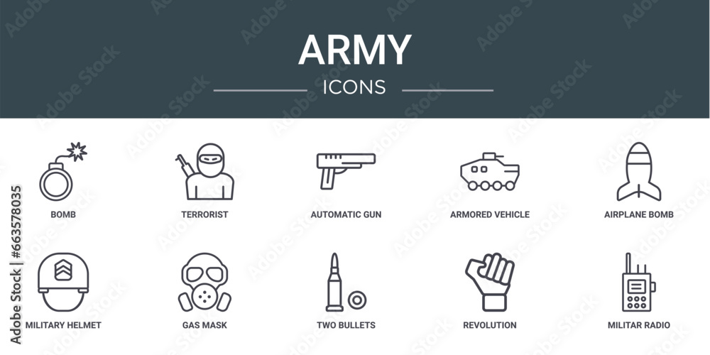 set of 10 outline web army icons such as bomb, terrorist, automatic gun ...