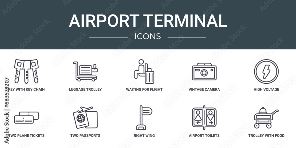 set of 10 outline web airport terminal icons such as key with key chain ...