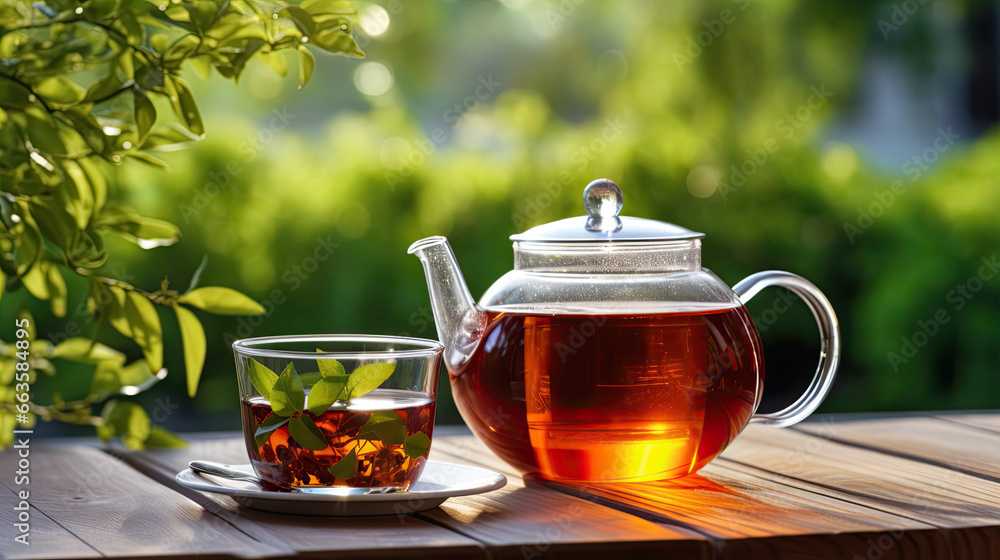 Black tea in glass cup and teapot on summer outdoor background. Copy ...