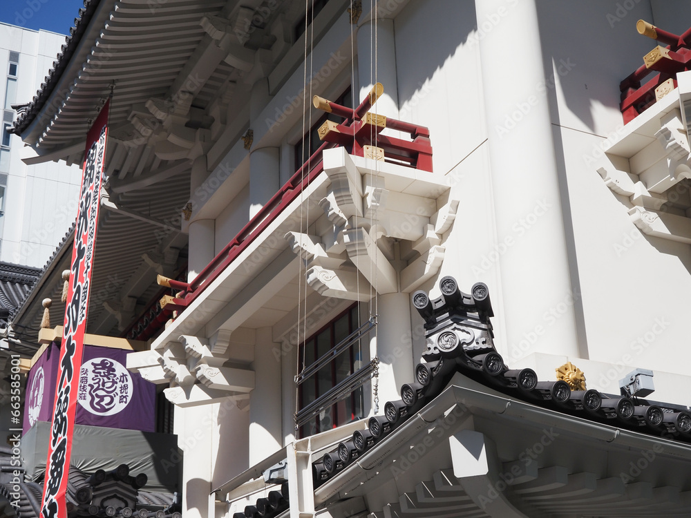 TOKYO, JAPAN - October 13, 2023: Detail of the front of the Kabuki-za ...