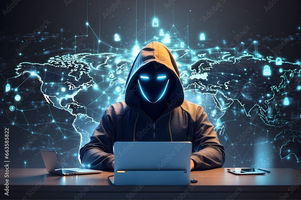 A hacker working at a desk with a laptop, world map behind him with ...