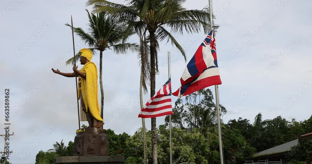 King Kamehameha statue Hawi Hawaii flags side. Kamehameha the Great ...