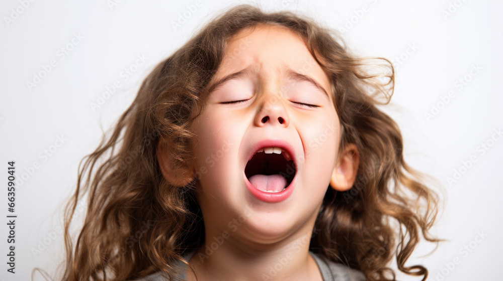 Cute little child is crying on a white background. Сlose-up portrait of ...