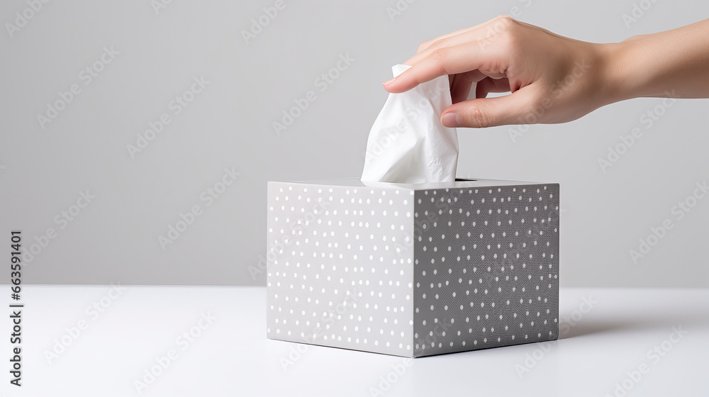 Delicate female hand pulling a tissue from a grey tissue box, on simple ...