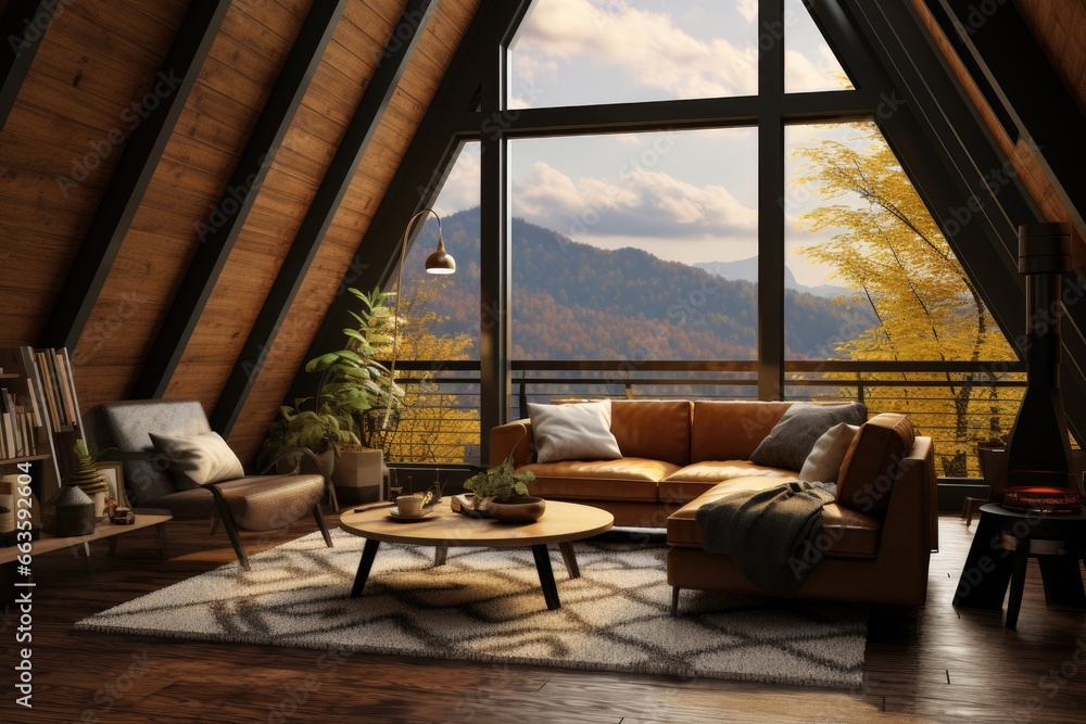 Cozy Lakeside Cabin Interior with Warm Fireplace, Modern Decor, and ...