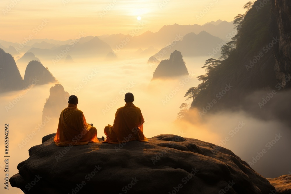 Mountain-top monastery, monks in deep meditation amidst misty peaks ...