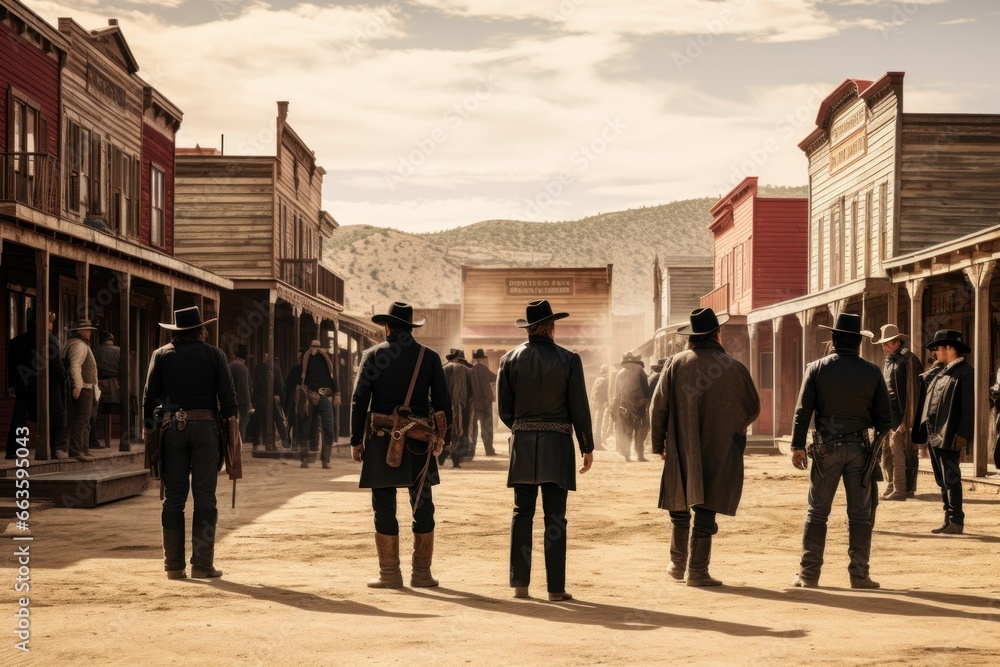 Wild West saloon, outlaws and sheriffs in a standoff. Stock Photo ...