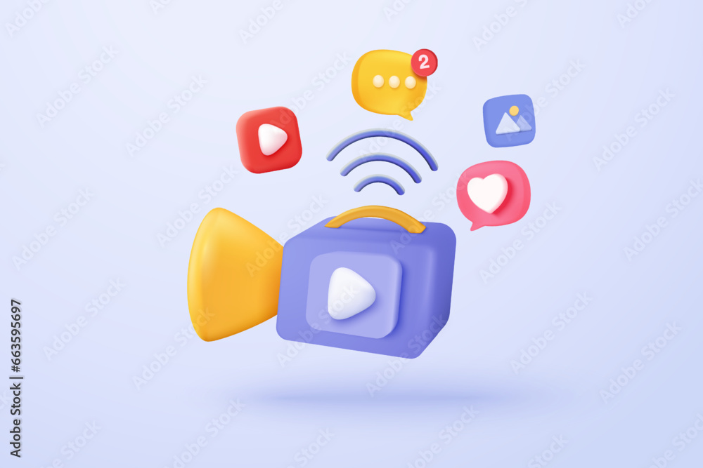 3d video camera icon isolated with lens and button on pastel background ...