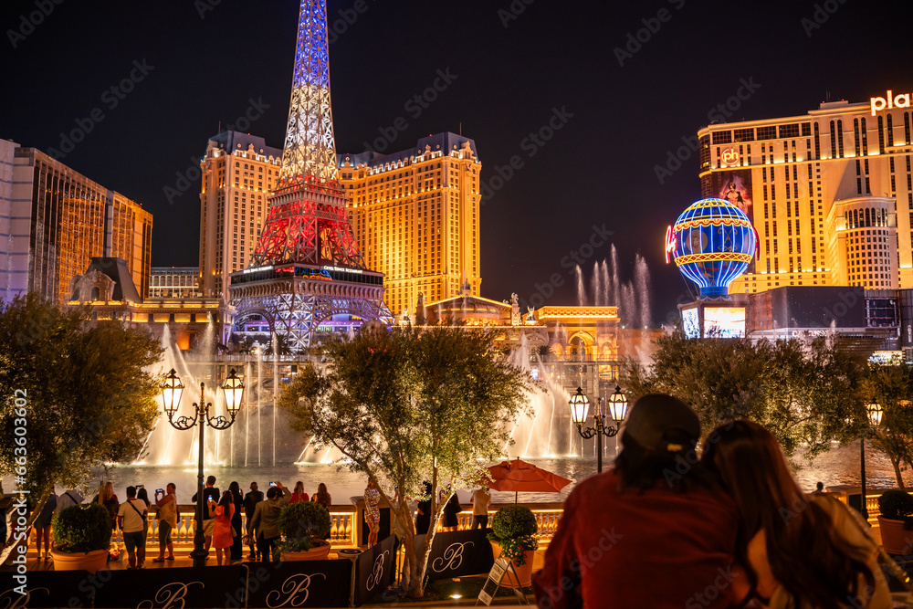 LAS VEGAS, THE USA, 17 October 2023: Fountain of Bellagio lighting up ...