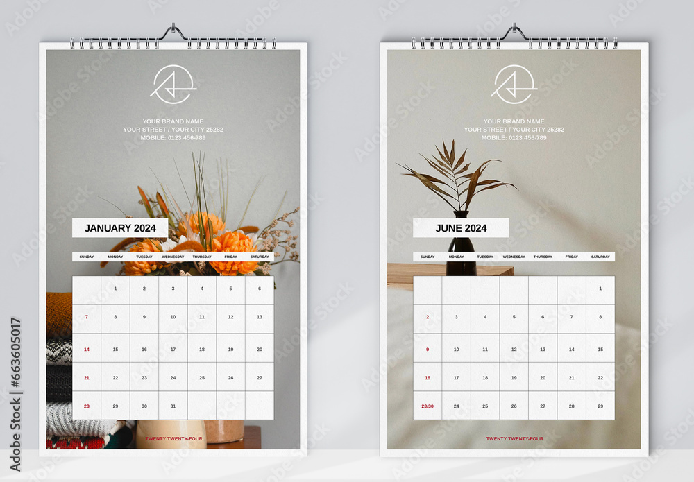 Boho Wall Calendar 2024 Layout Stock Template | Adobe Stock