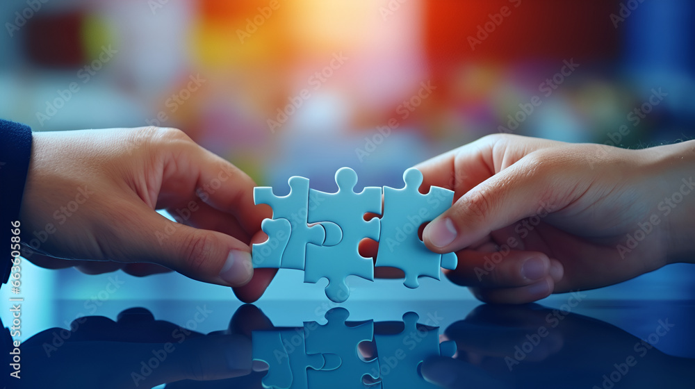problem solving concept. two hands holding puzzle on blurry background ...