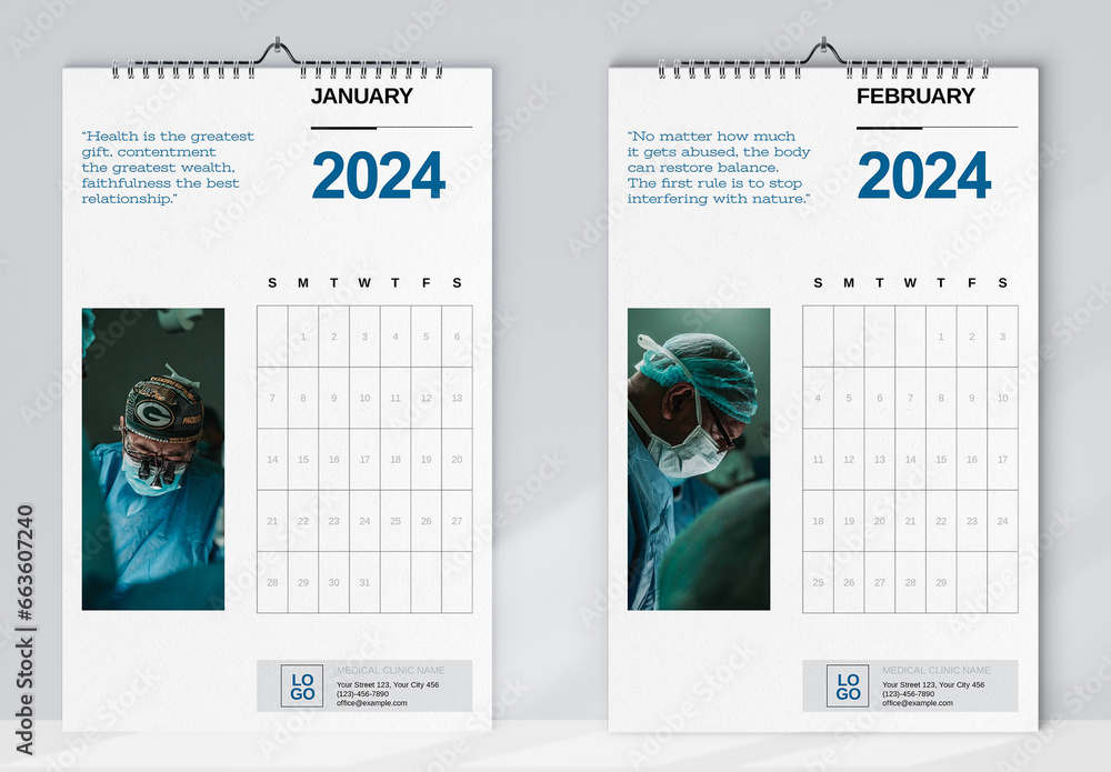 Medical Clinic Wall Calendar 2024 Layout Stock Template | Adobe Stock