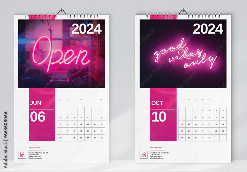 Magenta Neon Wall Calendar 2024 Layout Stock Template | Adobe Stock