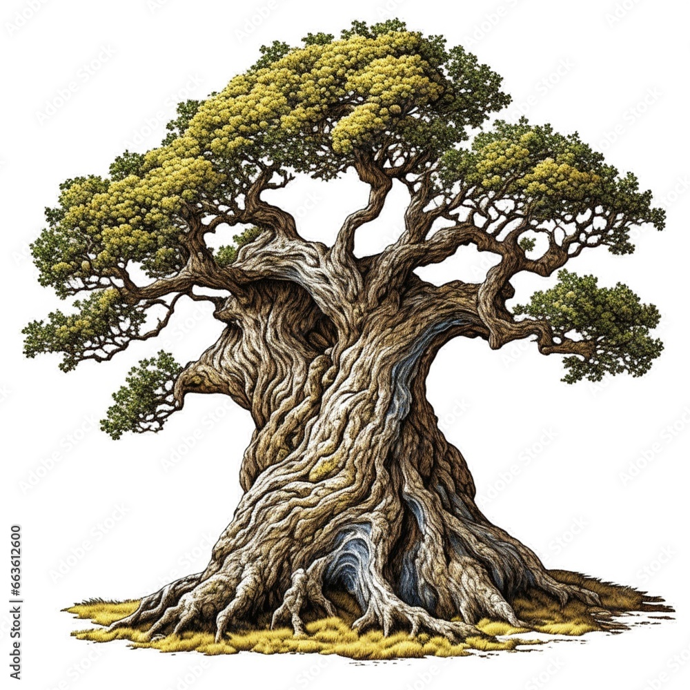 An ancient crooked and truncated oak with a split bark leaving the ...